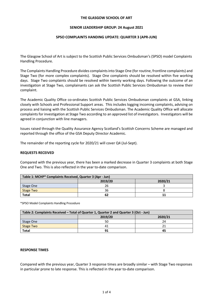 Complaints Handling Update 2020-2021: Quarter 3 (Apr-Jun) – GSA Documents