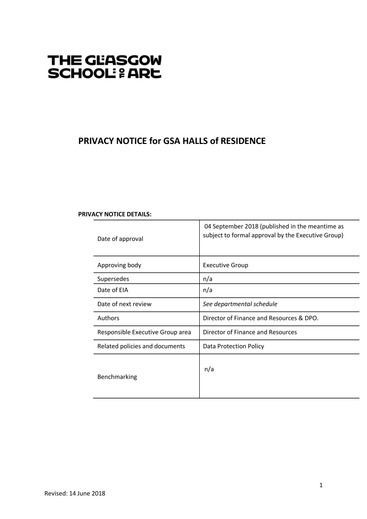 Privacy Notice for Halls of Residence – GSA Documents