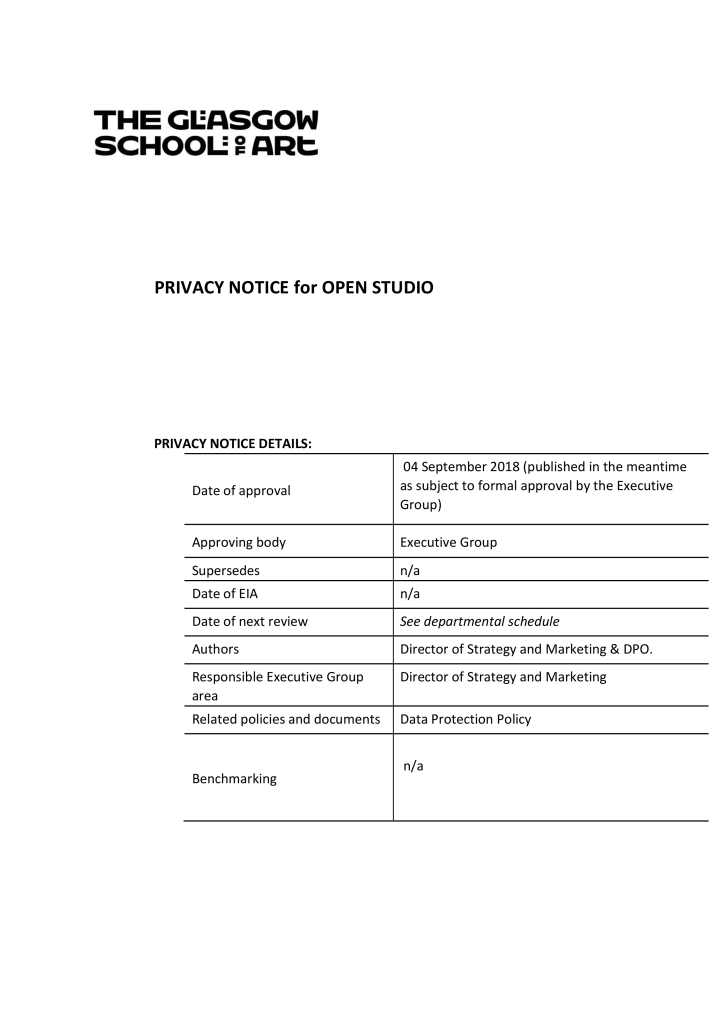 Privacy Notice for Open Studio – applicants and students – GSA Documents