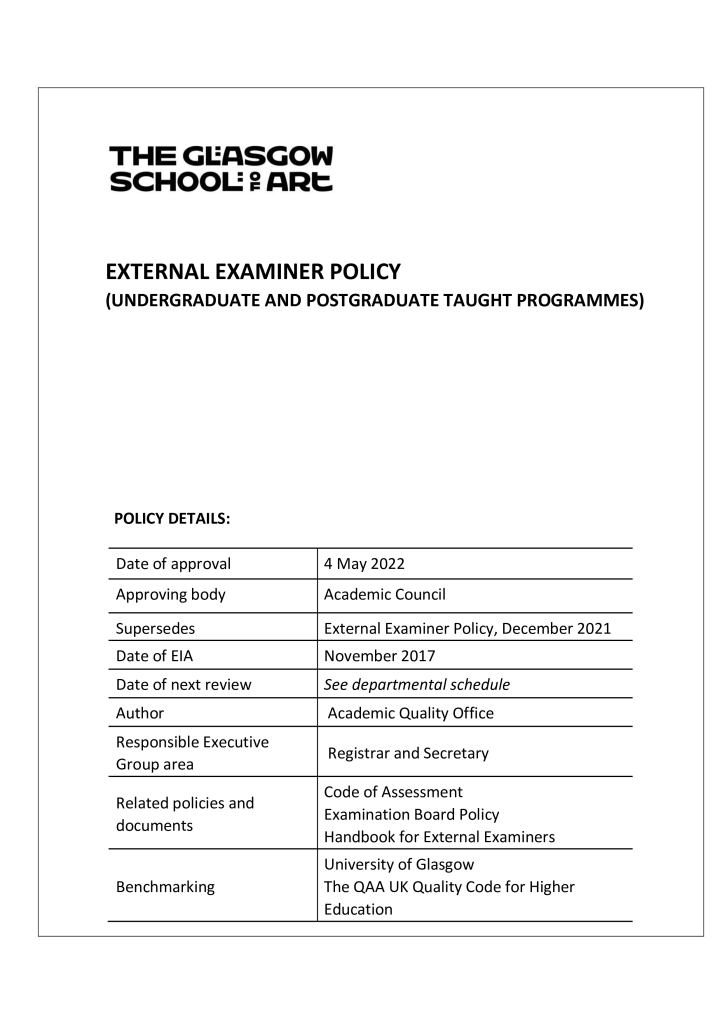 EXTERNAL EXAMINER POLICY 2022 – GSA Documents