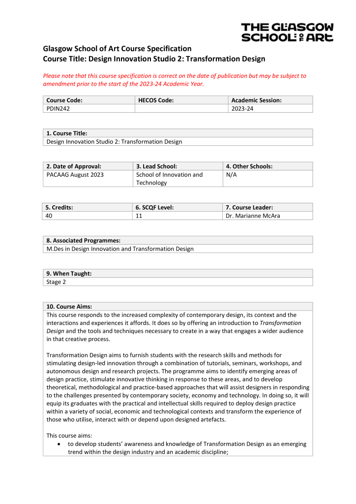 Course Title: Design Innovation Studio 2: Transformation Design – GSA Documents