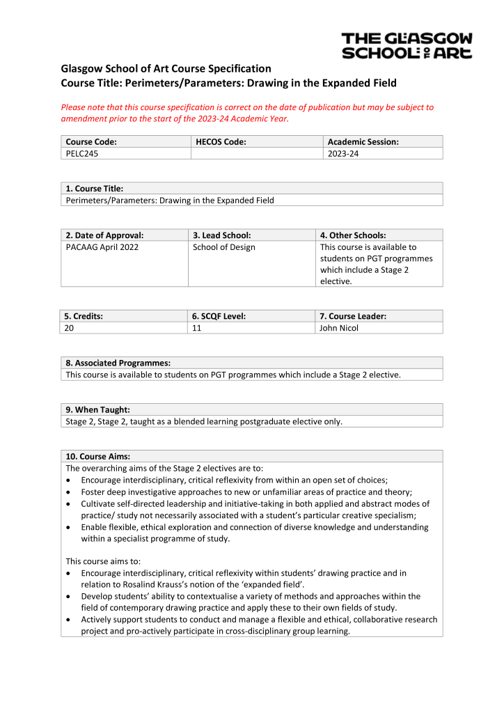 Course Title: Perimeters/Parameters: Drawing in the Expanded Field – GSA Documents