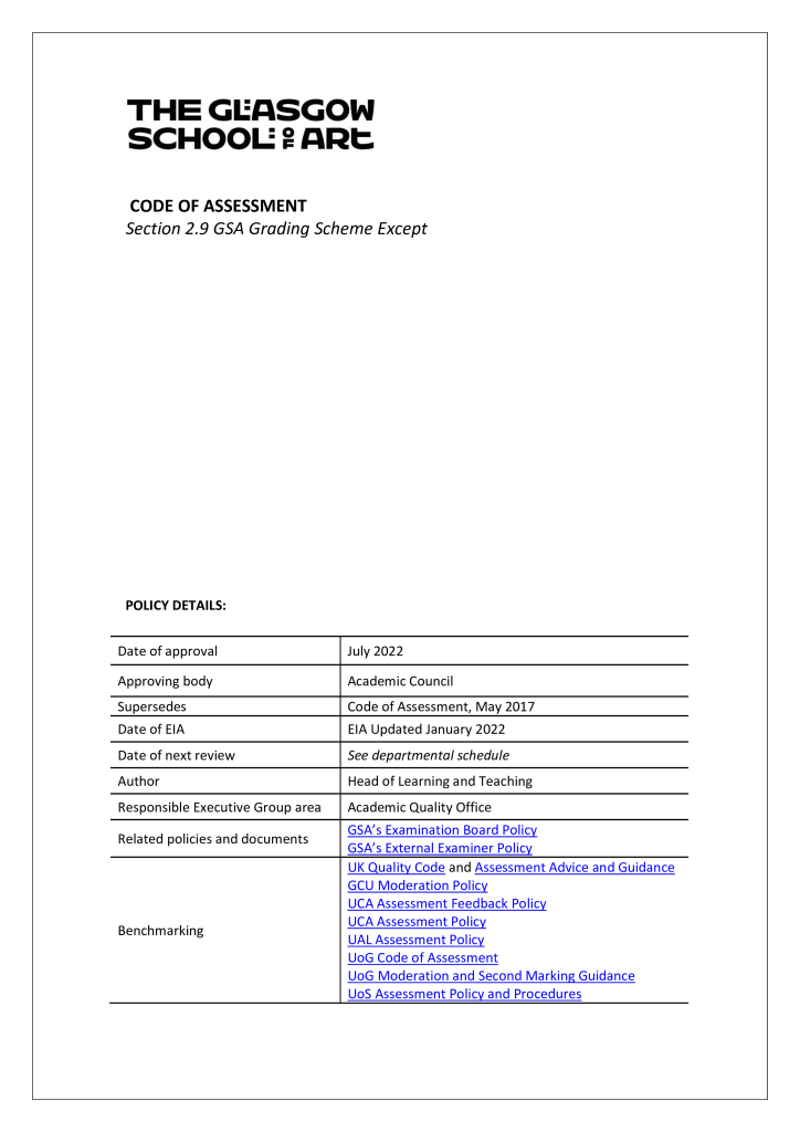 Code of Assessment, Section 2.9 Grading Scheme – GSA Documents