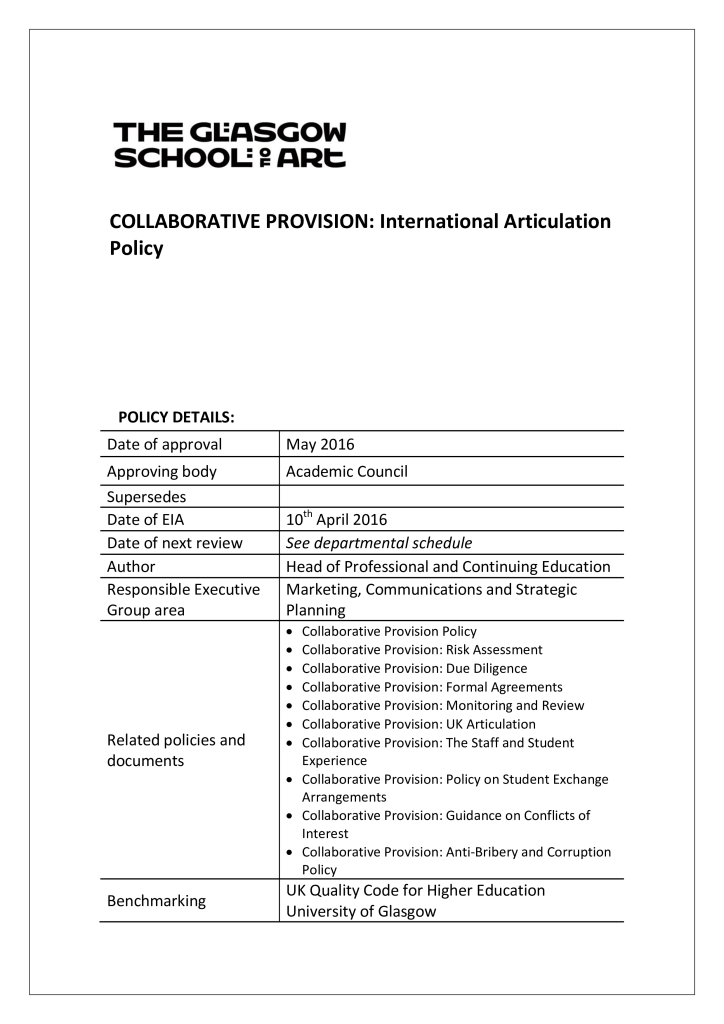 Collaborative Provision – International Articulation Policy – GSA Documents