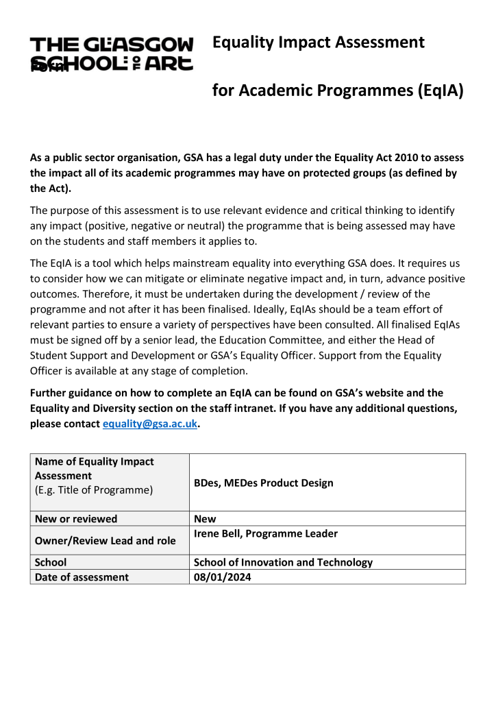 EqIA BDes MEDes Product Design 2024 β GSA Documents EqIA BDes MEDes Product Design 2024 β GSA Documents