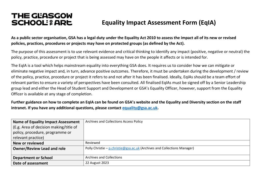 Archives & Collections Access Policy EqIA 2023 – GSA Documents