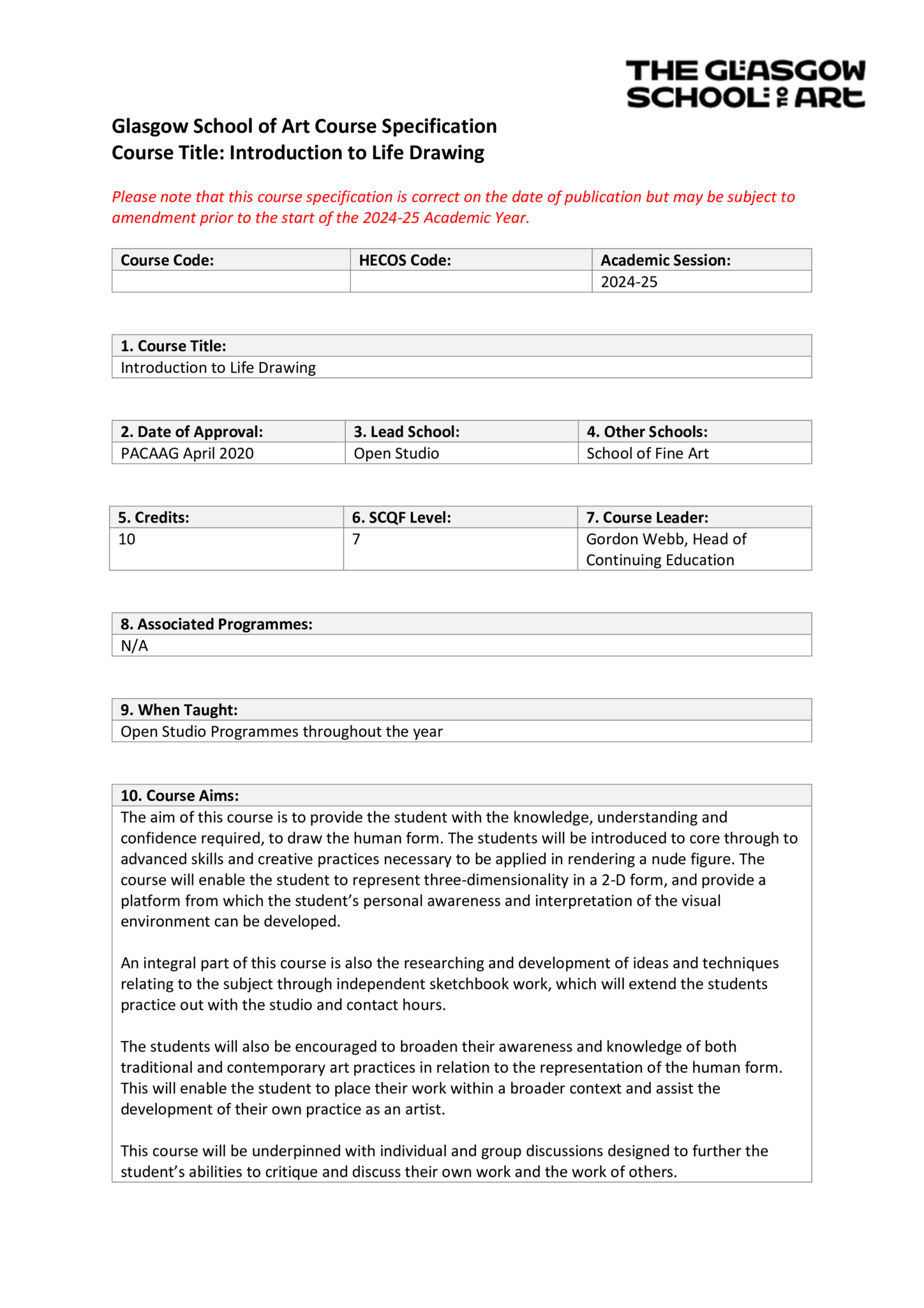 Course Specifications – GSA Documents