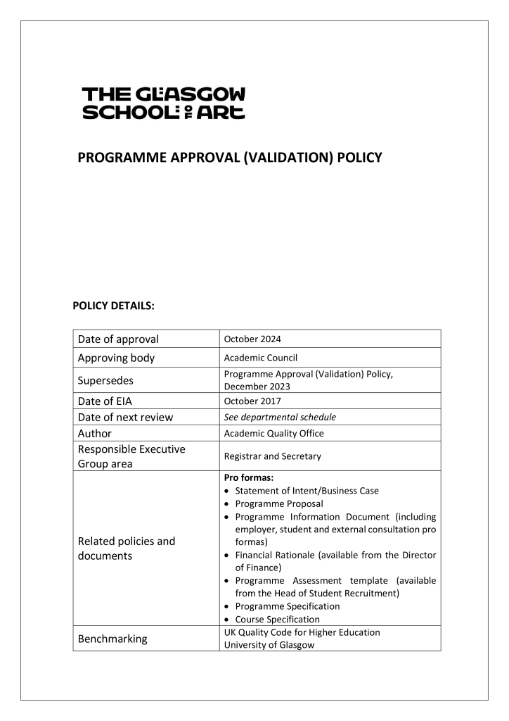 Programme Approval (Validation) Policy – GSA Documents