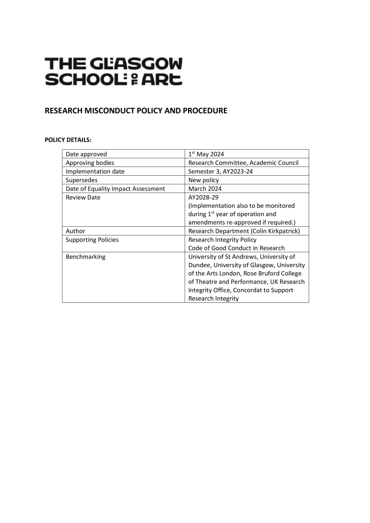 Research Misconduct Policy and Procedure May 2024 – GSA Documents