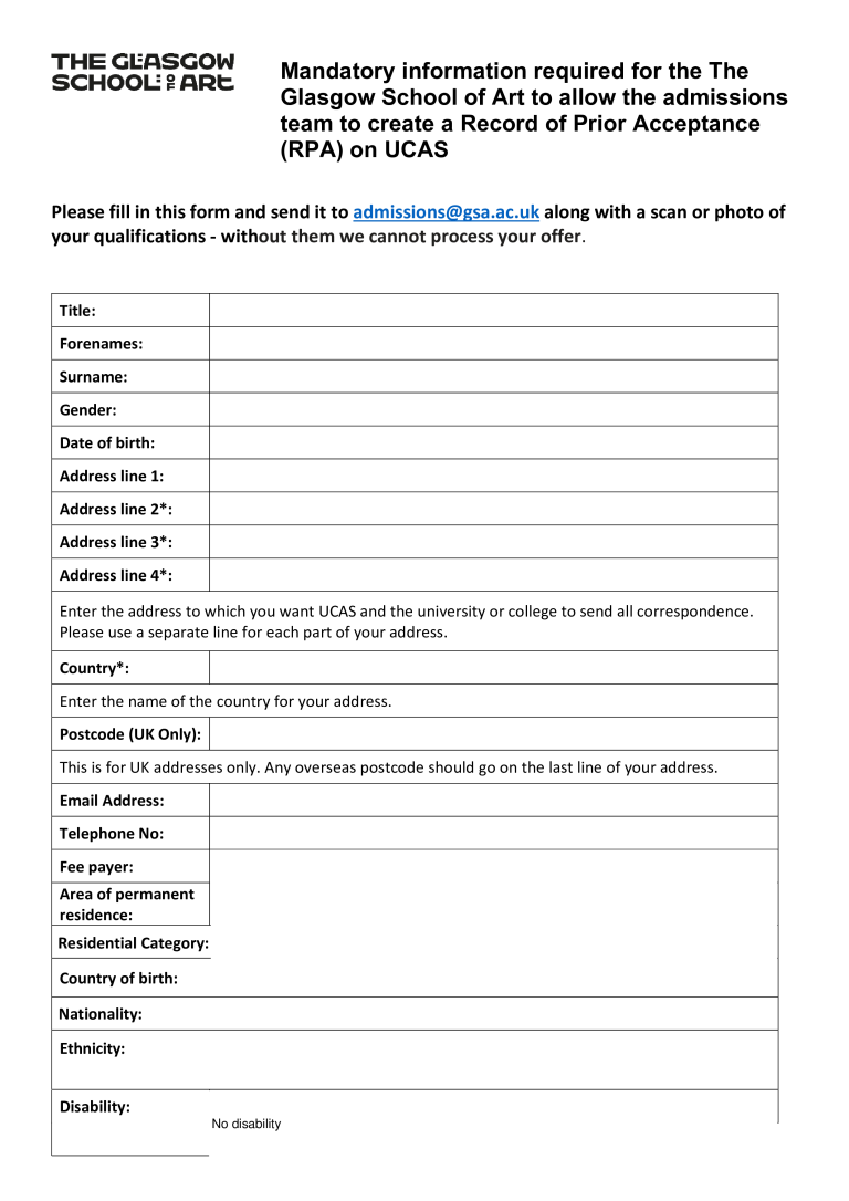 GSA – UCAS Record of Prior Acceptance (RPA)