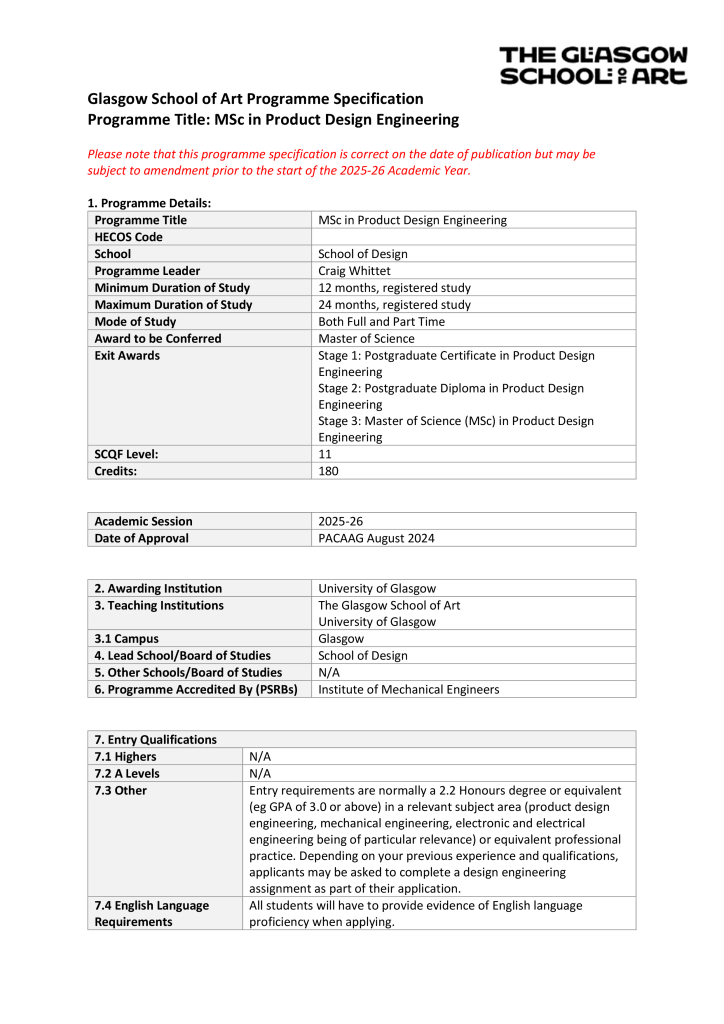 MSc Product Design Engineering 2025-26 – GSA Documents