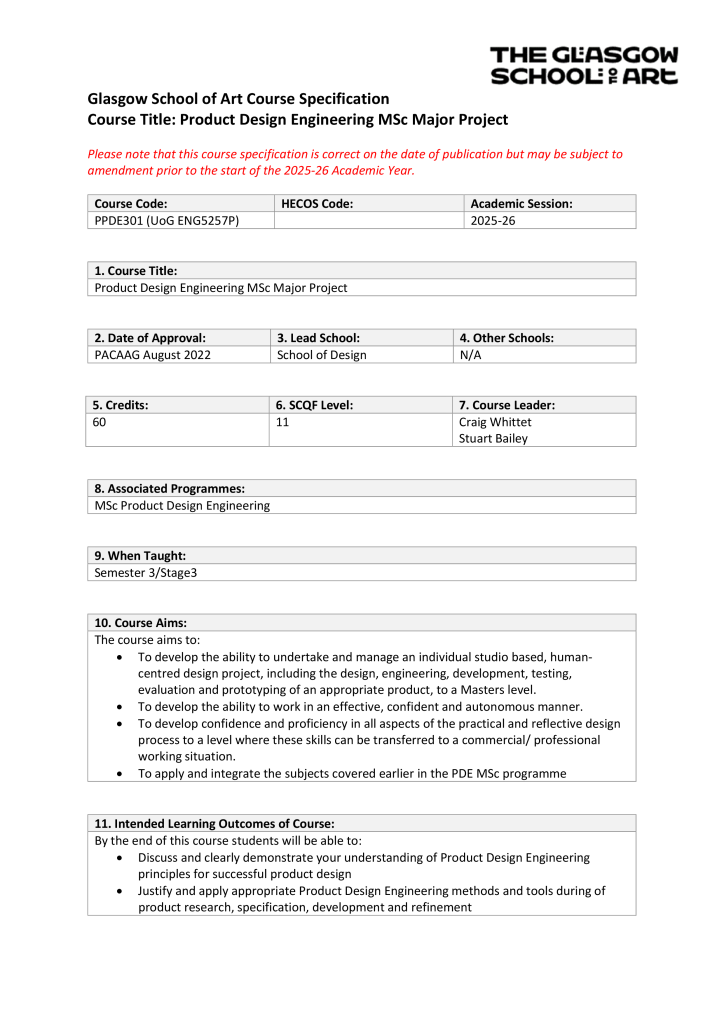 PPDE301 PDE MSc Major Project 2025-26 – GSA Documents