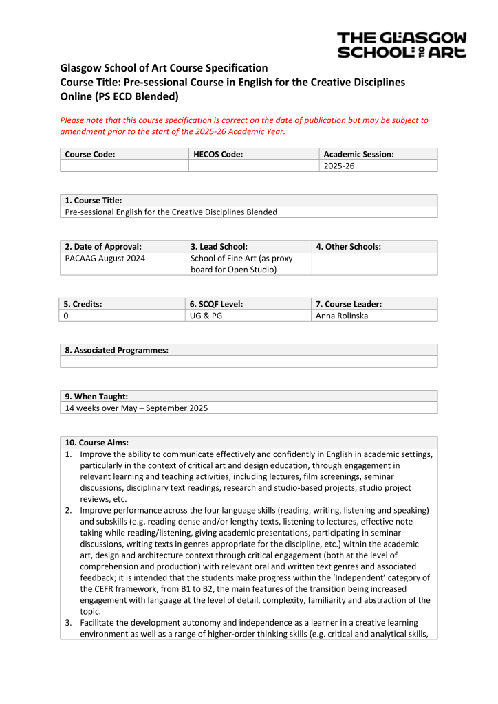 Pre-sessional Course in English for the Creative Disciplines Online (PS ...