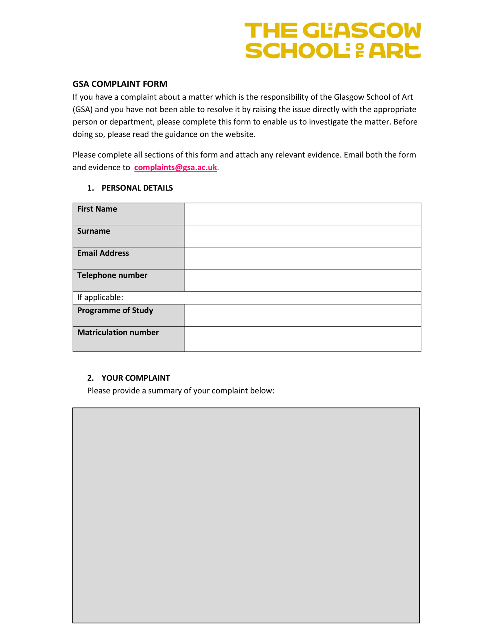 GSA Complaints Form – GSA Documents
