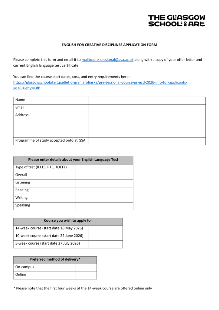 ENGLISH FOR CREATIVE DISCIPLINES APPLICATION FORM 2025-26 – GSA Documents